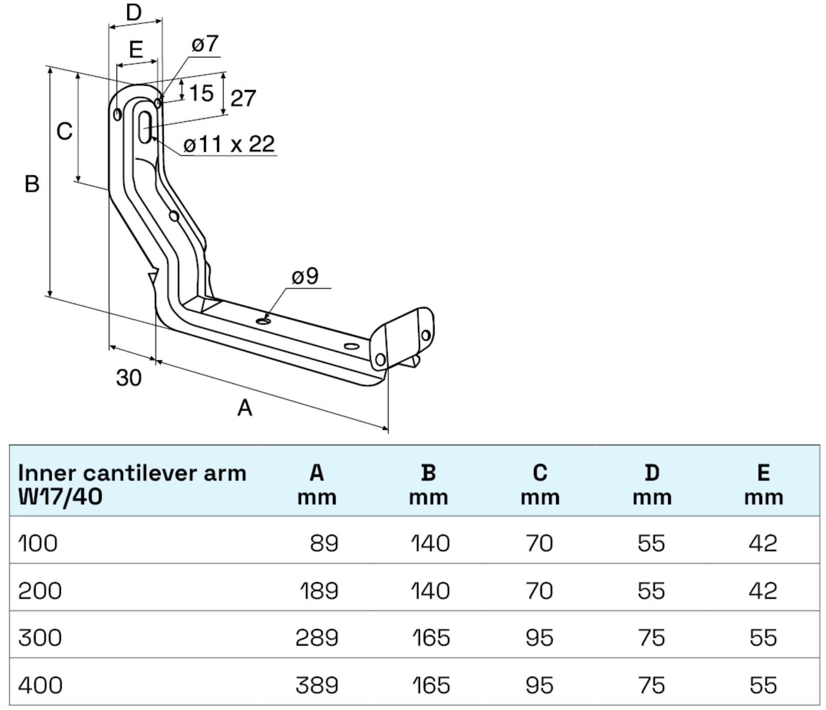 Inner cantilever arm W17/40-200 PG black | Wibe group