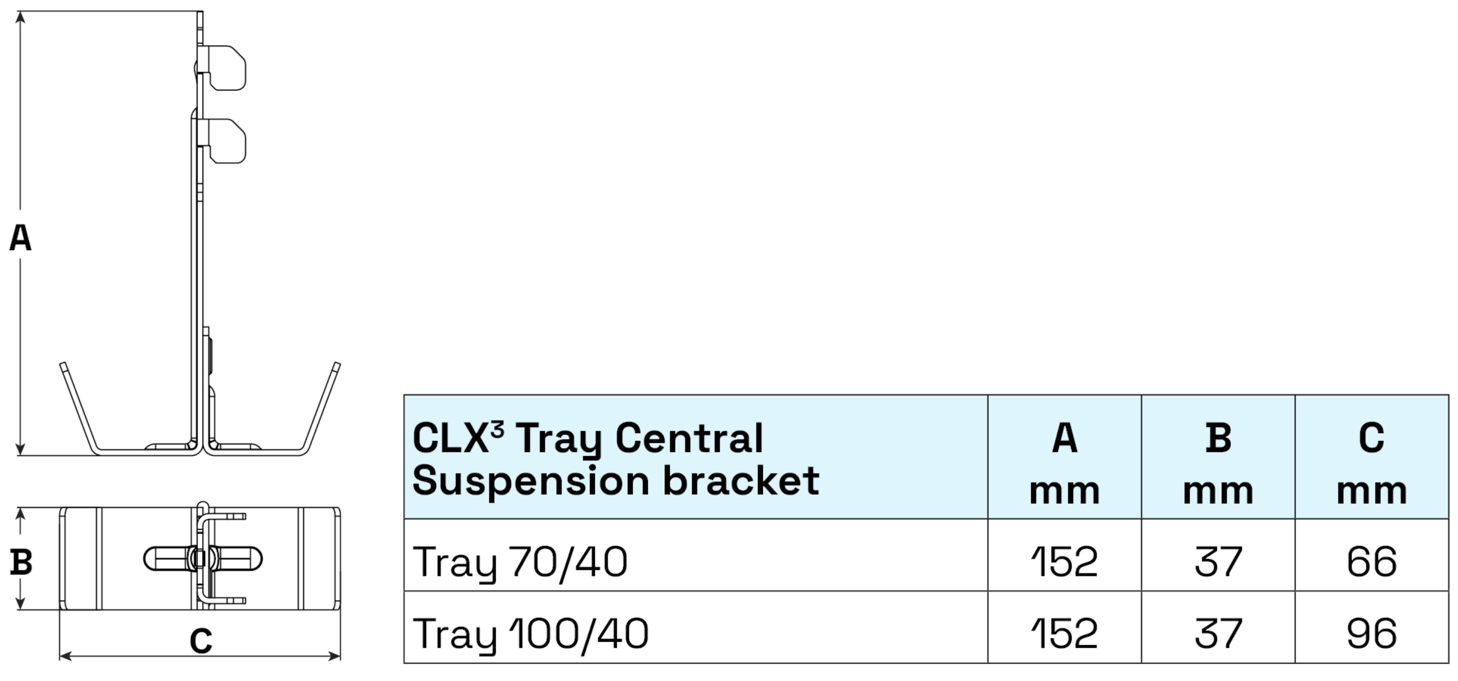 CLX3 Tray H40 cent. susp. bracket 100 PG | Wibe group