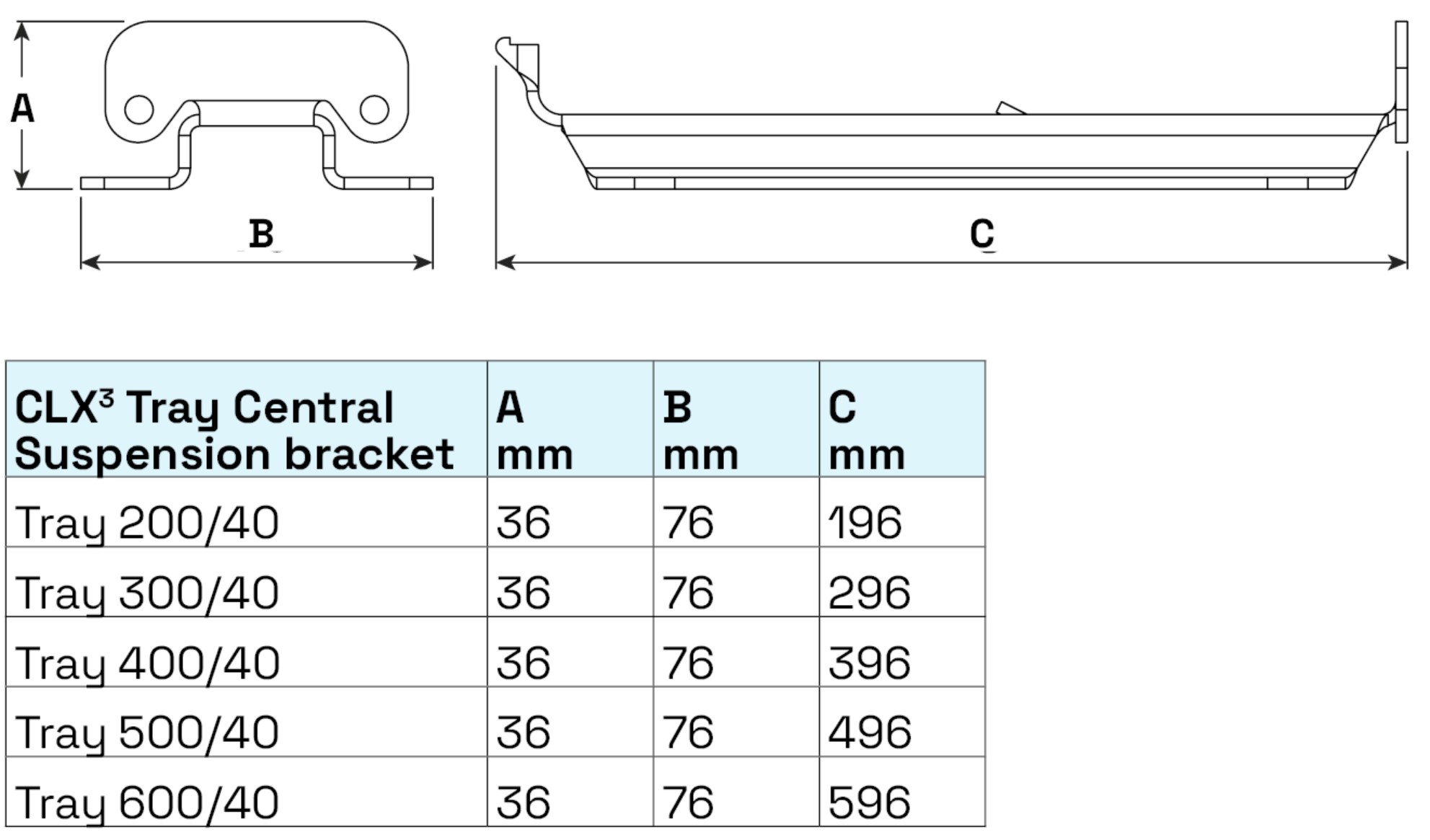 CLX3 Tray H40 cent. susp. bracket 200 PG | Wibe group