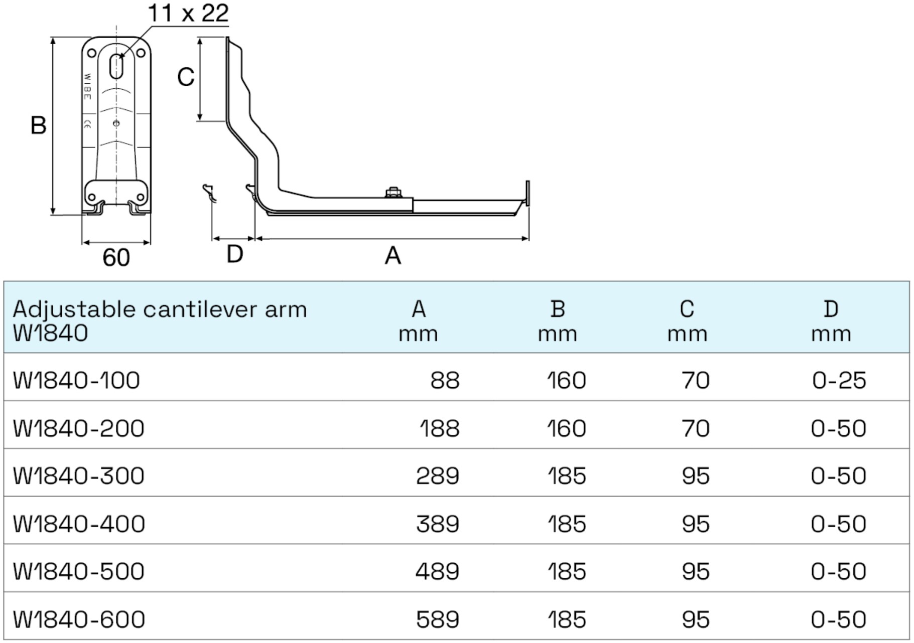 Adj.cantilever arm W1840-100 PG white | Wibe group