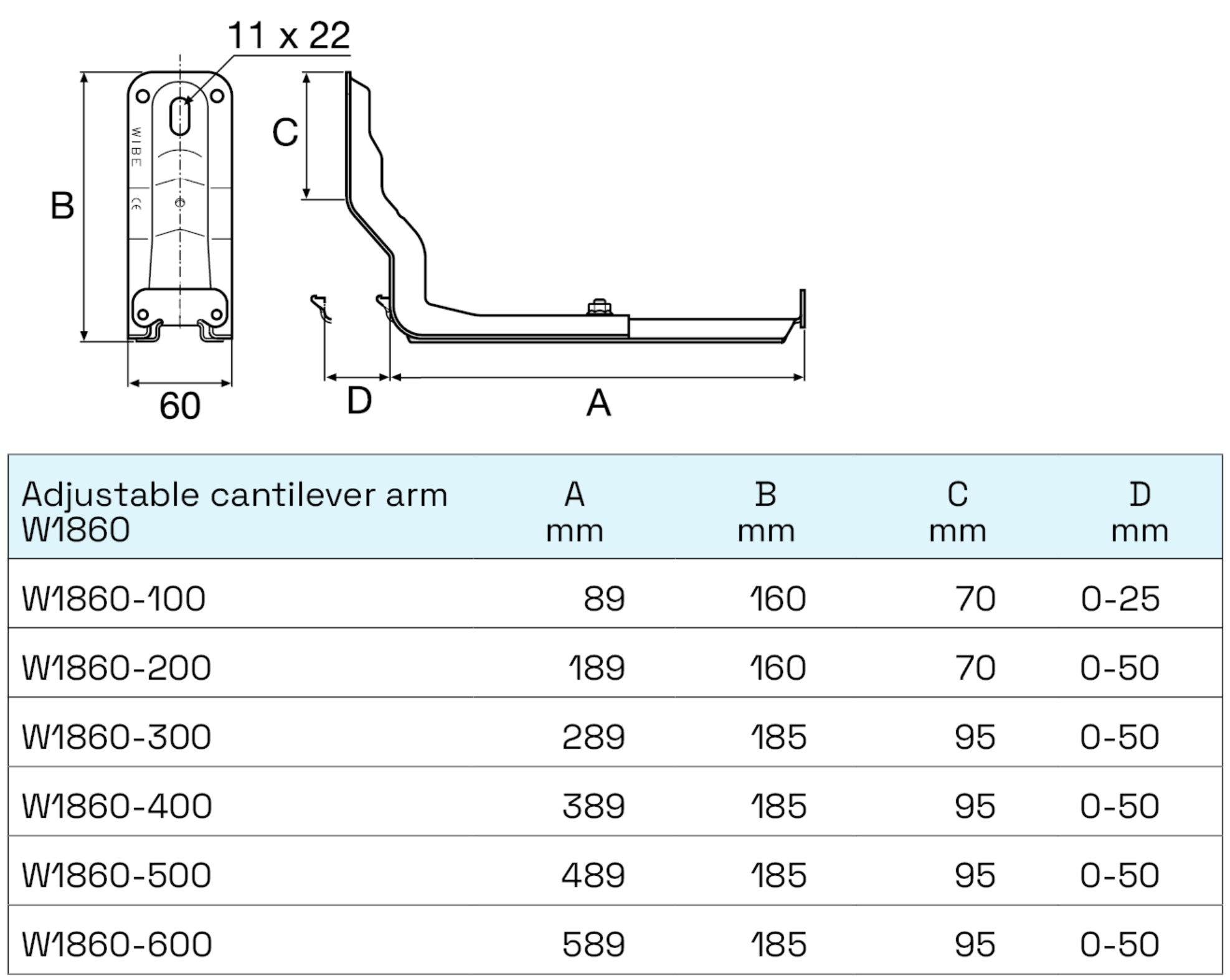 Adj.cantilever arm W1860-100 PG | Wibe group